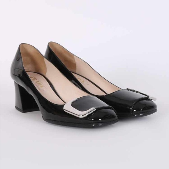 Prada | Shoes | Prada Buckle Block Heel Pumps Black Patent Leather Size ...